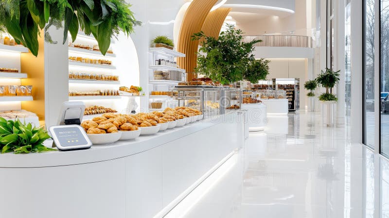 Modern Bakery Interior with Pastries and Plants in Bright Setting Stock ...