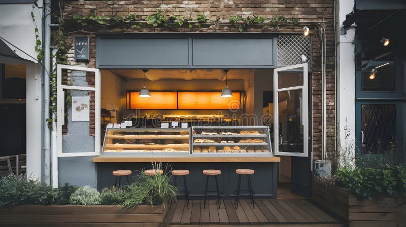 Modern Bakery Shop Front with Stools and Display Case Stock ...