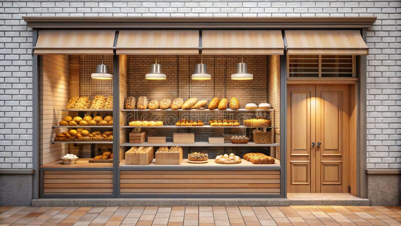 A Modern Bakery Storefront with a Welllit Display of Various Breads and ...