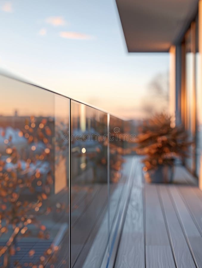 Modern Balcony with Glass Railing at Sunset Overlooking the City. Stock ...
