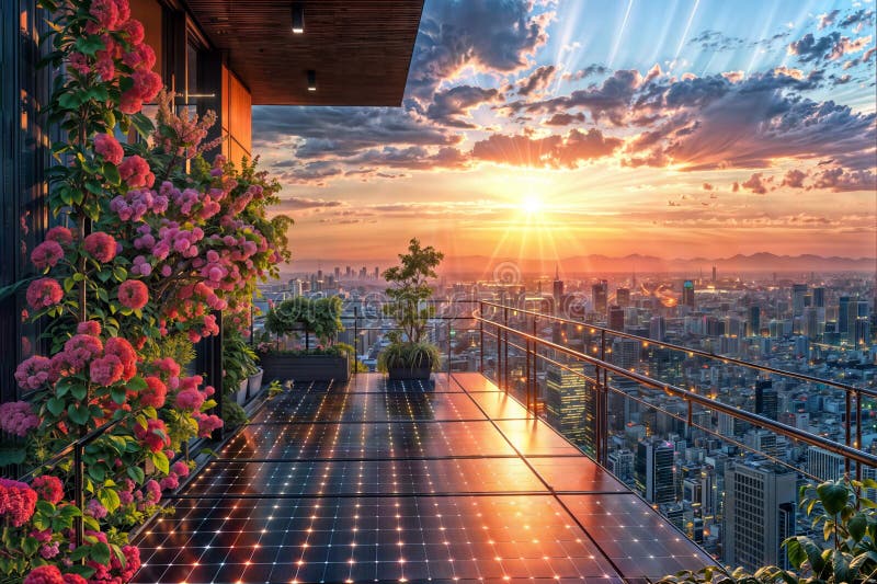 Modern Balcony with Glass Railing, Flowers, and Panoramic Sunset View ...