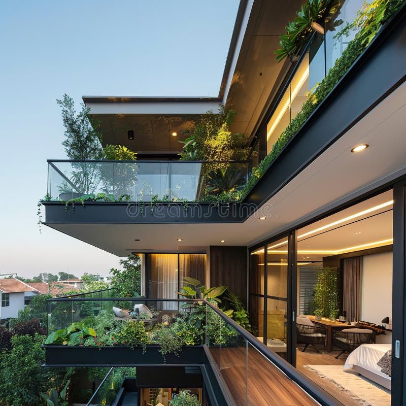 Modern Balcony with Glass Railings and Green Plant Decor Stock Photo ...