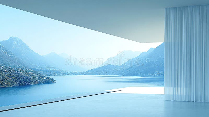 Modern Balcony, Lake View, Mountain Backdrop, Interior Design Stock ...