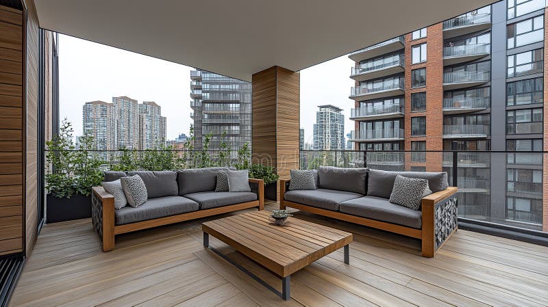 Modern Balcony Lounge Set Overlooking City Skyline Stock Illustration ...