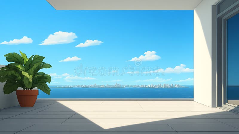 Modern Balcony with Ocean and City Skyline View Stock Illustration ...