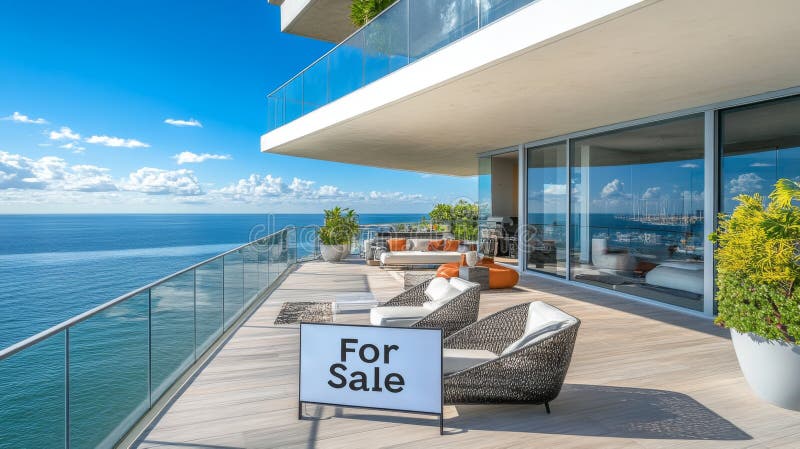 Modern Balcony with Ocean View and for Sale Sign Stock Illustration ...