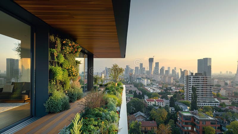 Modern Balcony with Vertical Garden Overlooking a City Skyline at ...