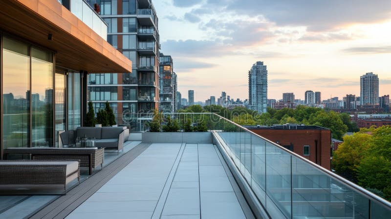 Modern Balcony View Overlooking a City Skyline at Sunset with Greenery ...