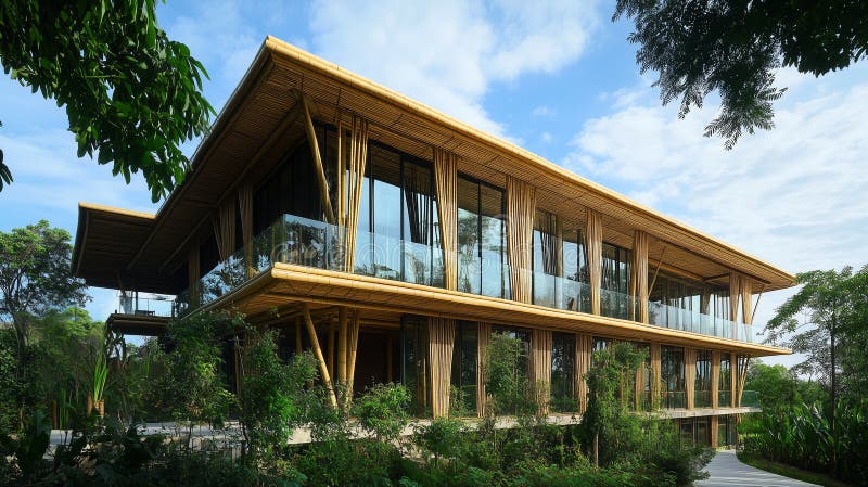 A Modern Bamboo Structure with Two Levels, Featuring Extensive Use of ...