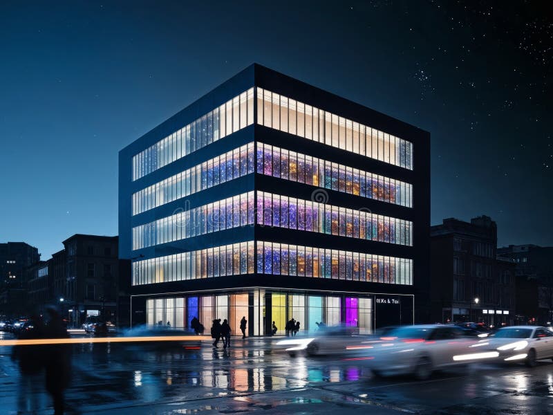 Modern Bank Building Shining at Night Time Lapse. Stock Image - Image ...