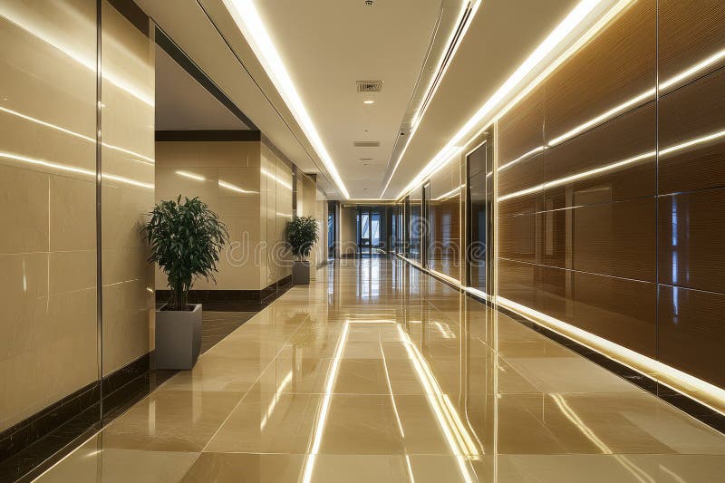 Modern Bank Office Corridor with Elegant Lighting and Polished Floors ...