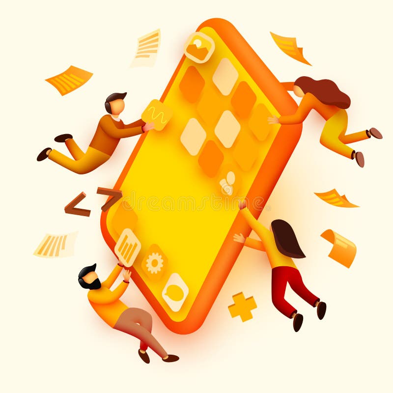 Modern Banner Template with Tiny People and Giant Smartphone. Mobile App Design. User Interface ...