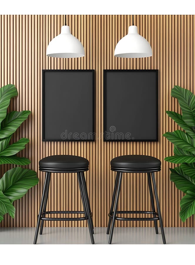 Modern Bar Area Mockup with Black Stools and Empty Frames Stock ...