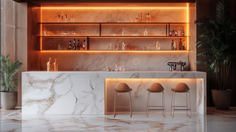 Modern Bar Counter with Marble Top and Backlit Shelves Stock ...