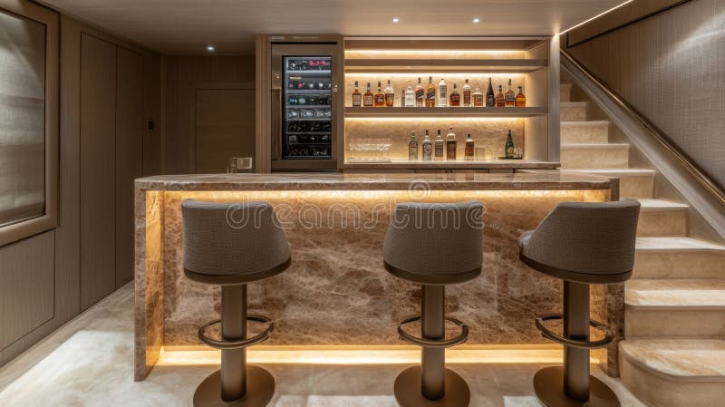 Modern Bar Counter with Three Stools in a Luxurious Interior Stock ...