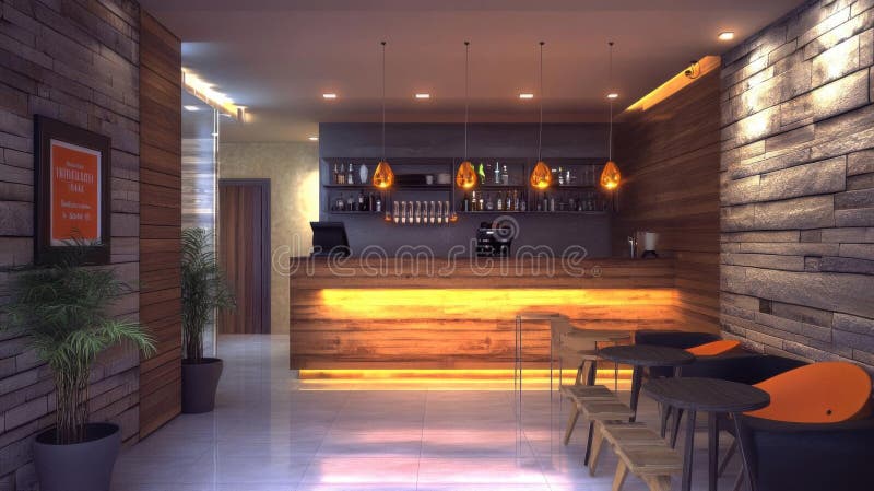 Modern Bar Design, Wood, Stone, & Warm Lighting Stock Illustration ...