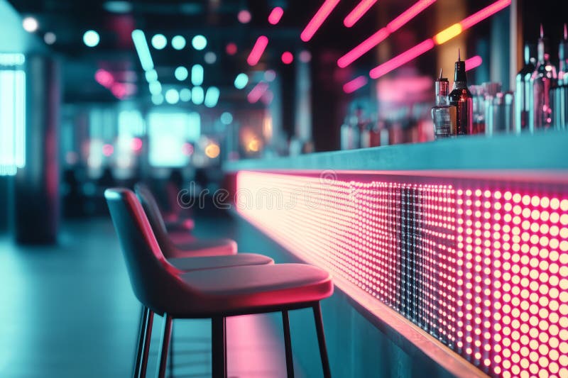Modern Bar with Illuminated Neon Lighting, Empty Stools and a Stylish ...