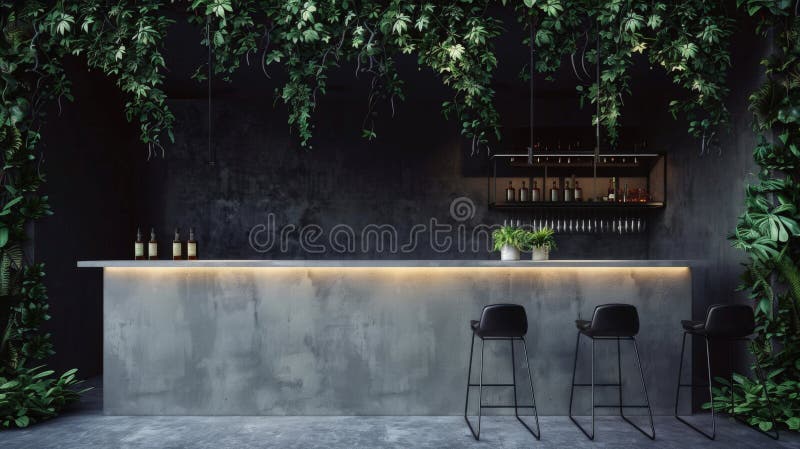 Modern Bar Interior with Concrete Counter and Greenery Stock ...