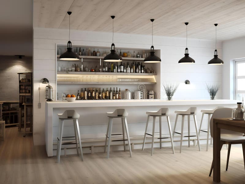 Modern Minimalist Bar Interior with White Counter, Stools, and Pendant ...