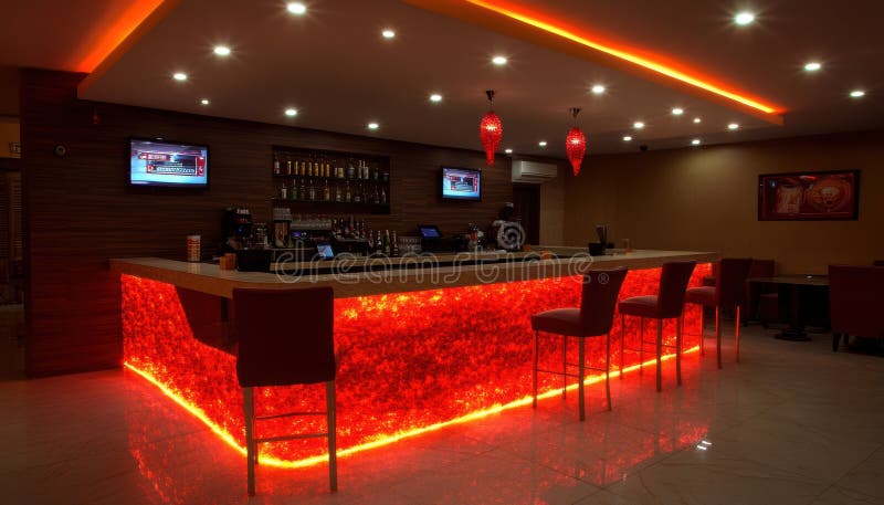 Modern Bar Interior with Illuminated Counter in a Cozy Lounge Setting ...