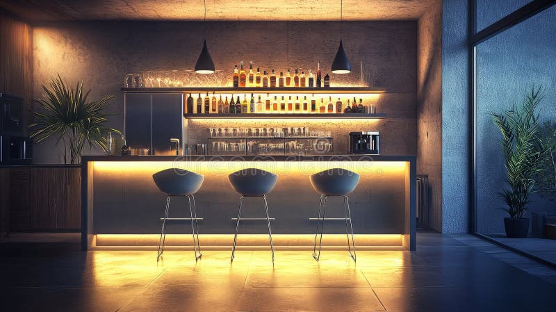 Modern Bar Interior, Night Scene, City View Stock Image - Image of ...
