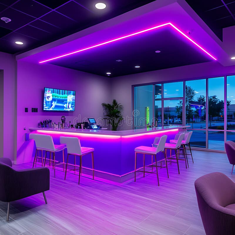 Modern Bar Interior with Purple Neon Lighting and White Bar Stools ...