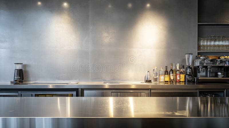 Modern Bar Interior with Stainless Steel Counter and Backlit Wall Stock ...