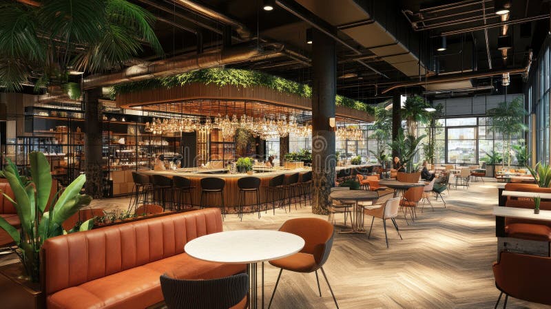 Modern Bar and Lounge with Greenery and Seating Stock Illustration ...
