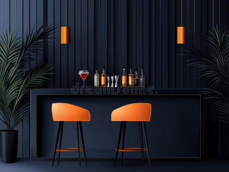 Modern Bar with Orange Accents and Plants Stock Illustration ...