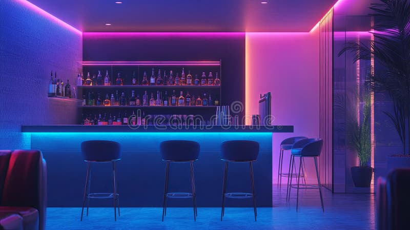 A Modern Bar with Sleek Stools and Soft Ambient Lighting. Picture Stock ...
