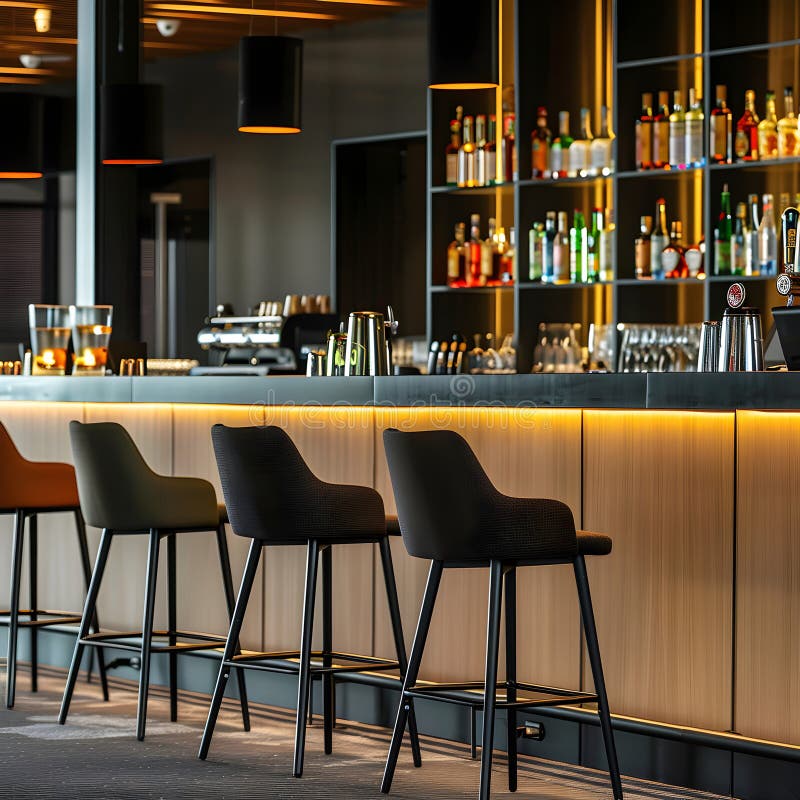 Modern Bar Stools Lit by Golden Light in Upscale Restaurant Bar Stock ...
