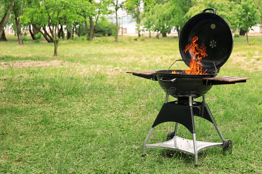 Barbecue Grill with Fire Flames Outdoors Stock Image - Image of ...