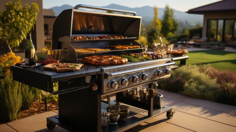 Modern Barbeque Grill in the Backyard. Generative AI. Stock ...