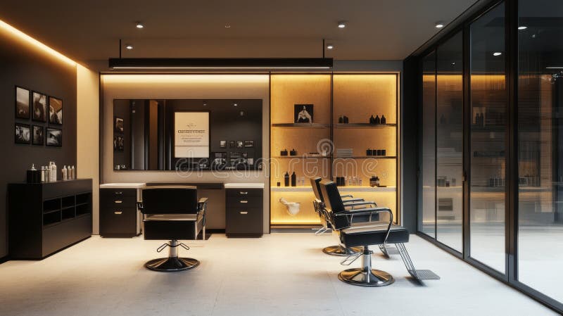 Modern Barber Shop Interior with Black and Gold Accents Stock ...