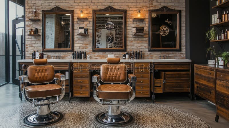 Modern Barber Shop Interior with Vintage Chairs and Brick Wall Decor ...