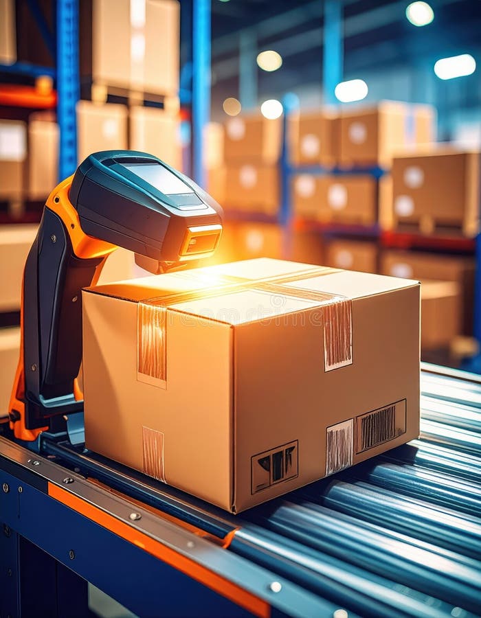 Modern Barcode Scanner Printing Labels on Cardboard Box in Warehouse ...