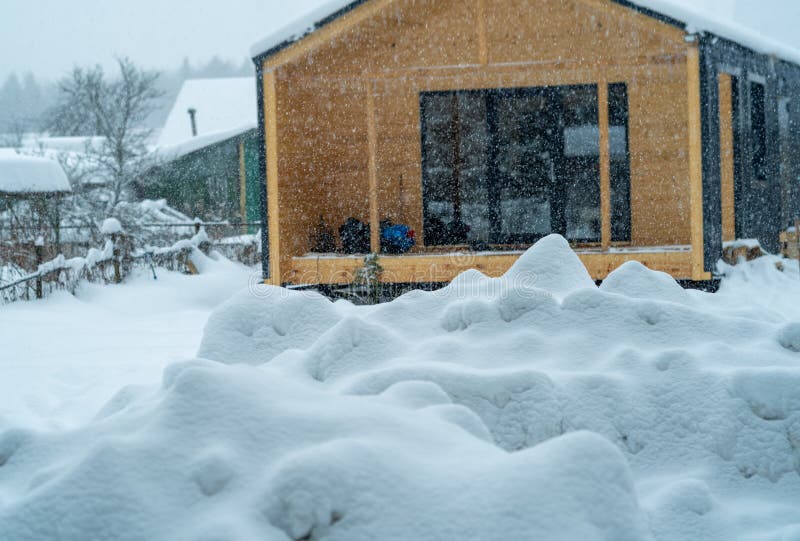 A Modern Barn House and Snowfall, Winter Scene Stock Image - Image of ...