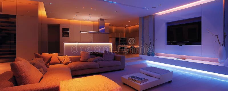 A Modern Basement with an Enchanting Ambiance, Illuminated by LED ...