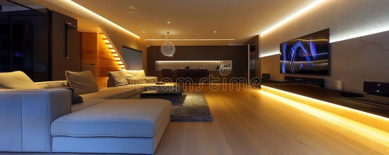 A Modern Basement with an Enchanting Ambiance, Illuminated by LED ...