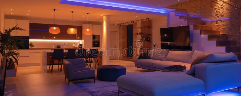 A Modern Basement with an Enchanting Ambiance, Illuminated by LED ...