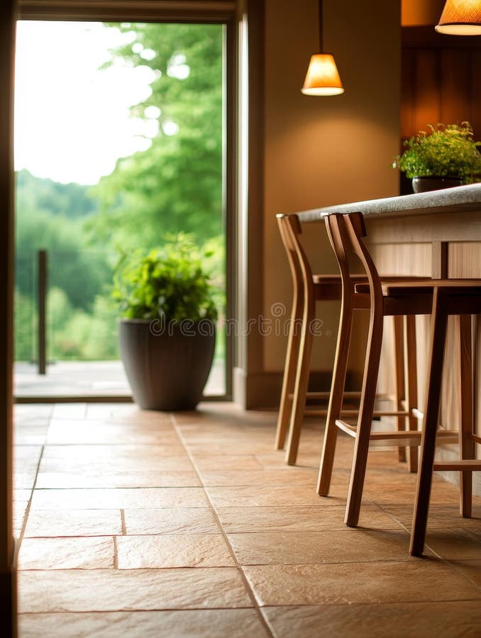 A Modern Basement Interior Design Featuring Tile Flooring Natural Light ...