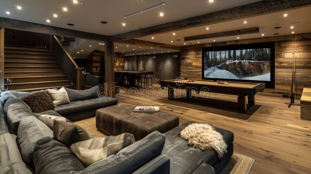 Modern Basement Recreation Room with Pool Table and Sectional Sofa ...
