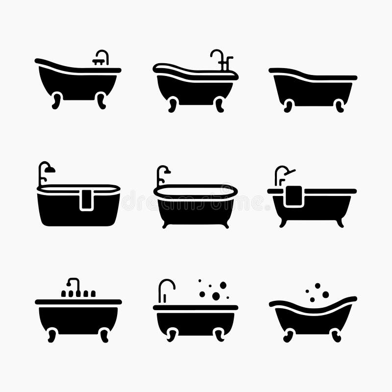Modern Bath Tub Icon Set in Solid Style for Bathroom and Spa Design ...