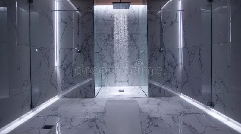Modern Bath with Walk-in Shower, Frameless Doors, Rainfall Head, Marble ...