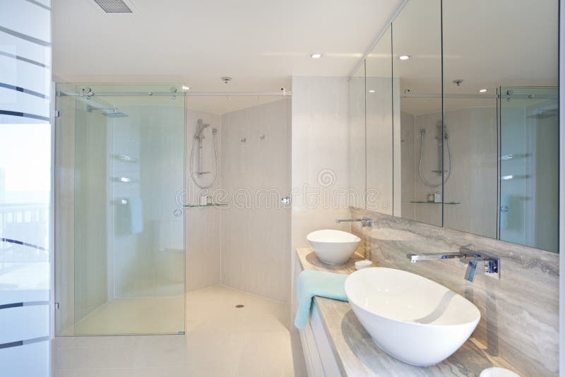 Modern Bathroom with Corner Shower Stock Image - Image of luxury ...
