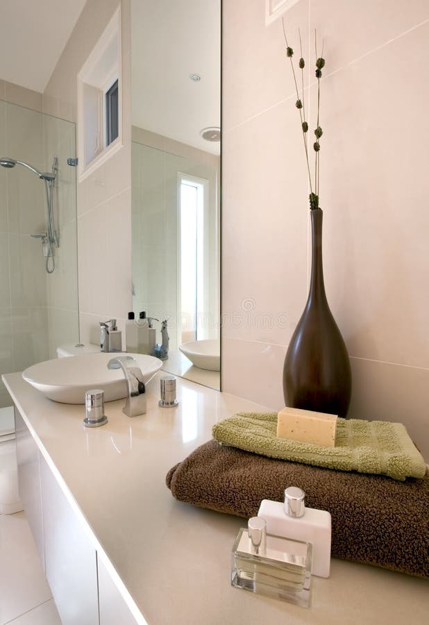 Custom Bathroom with Green Glass Countertops Stock Photo - Image of ...