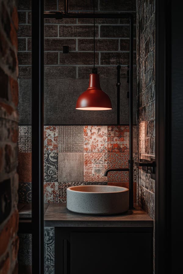 Modern Bathroom Aesthetic with Mosaic Tiles and Red Lighting Stock Photo - Image of concrete ...