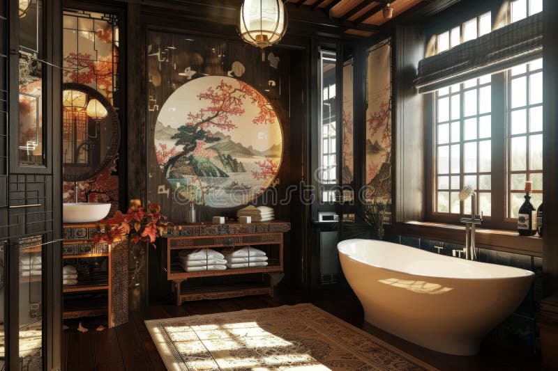 Modern Bathroom with Asian Style Decor Elements Featuring a Large Tub ...