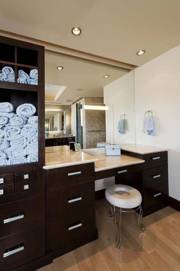 Modern Bathroom with Cabinets and Stool Stock Image - Image of ...