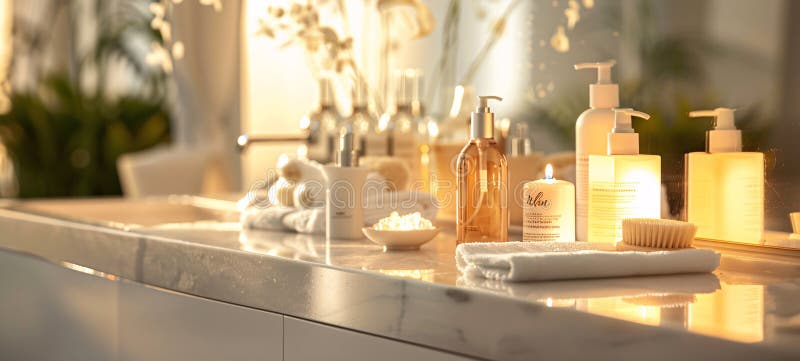 A Modern Bathroom Counter with Elegant Decor and Soft Lighting Creates ...